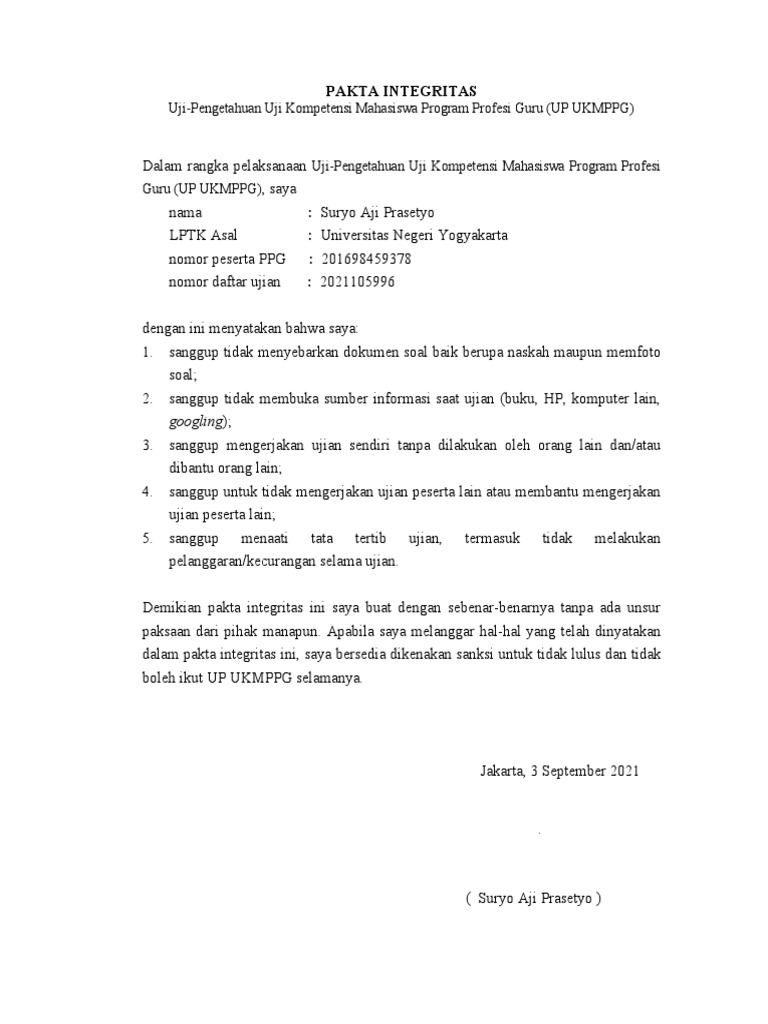 Pakta Integritas UP UKMPPG | PDF