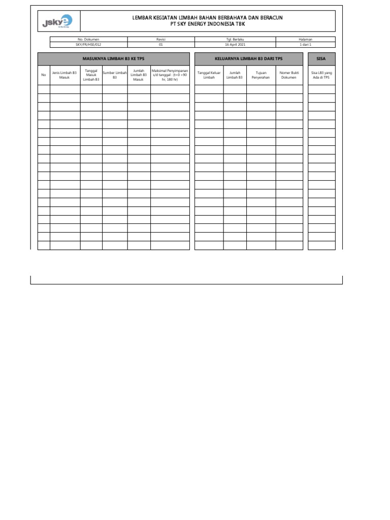 SKY-FR-HSE-012-01 - 2021 04 16 - Form Logbook B3 | PDF