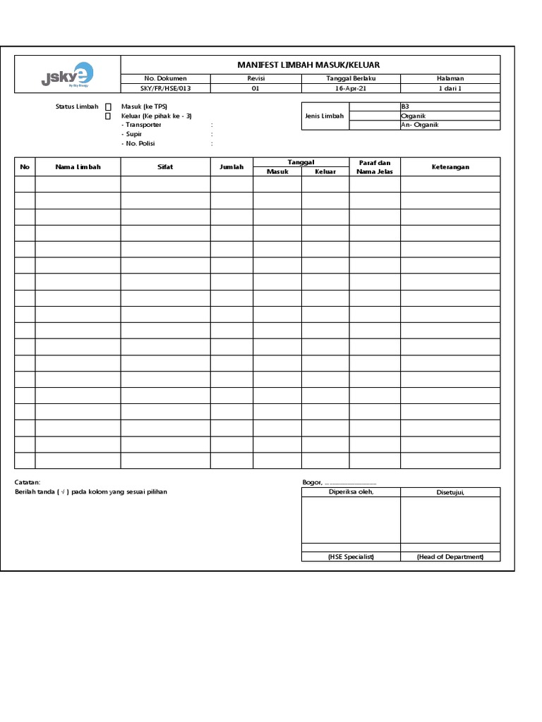 SKY-FR-HSE-013-01 - 2021 04 16 - Form Manifest Limbah Masuk-Keluar | PDF