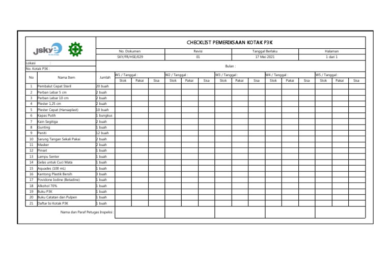 SKY-FR-HSE-029-01 - 2021 05 17 - Checklist Pemeriksaan Kotak P3K | PDF