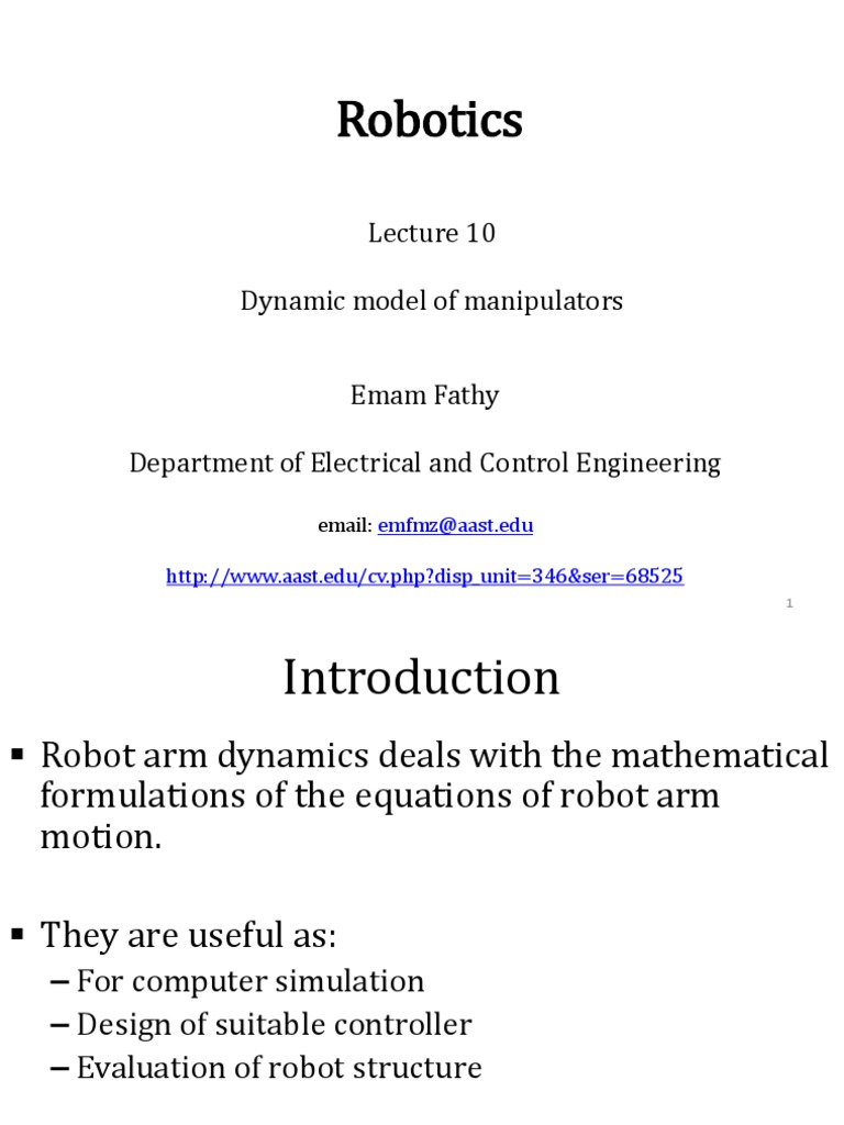 Robotics: Dynamic Model of Manipulators | PDF | Force | Lagrangian ...