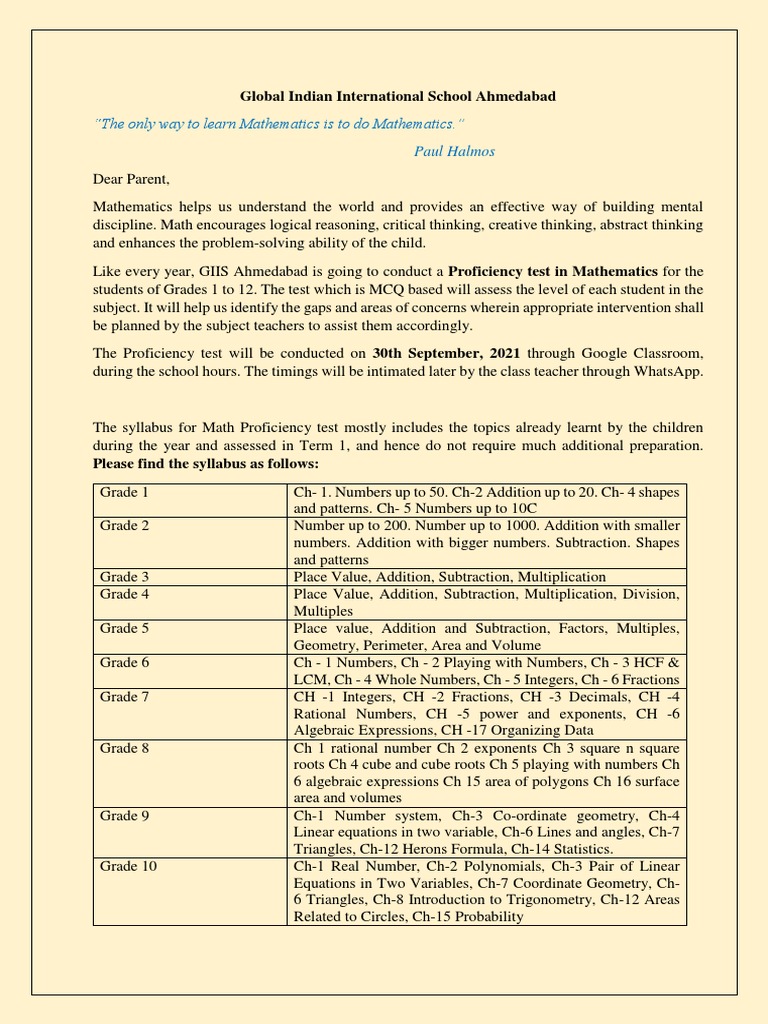 Grade 6 Math Proficiency Test Details | PDF | Area | Equations