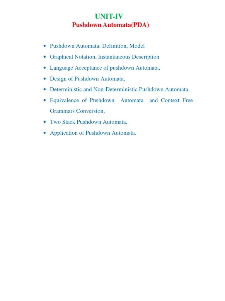 Unit-Iv: Pushdown Automata (PDA) | PDF | Grammar | Computing
