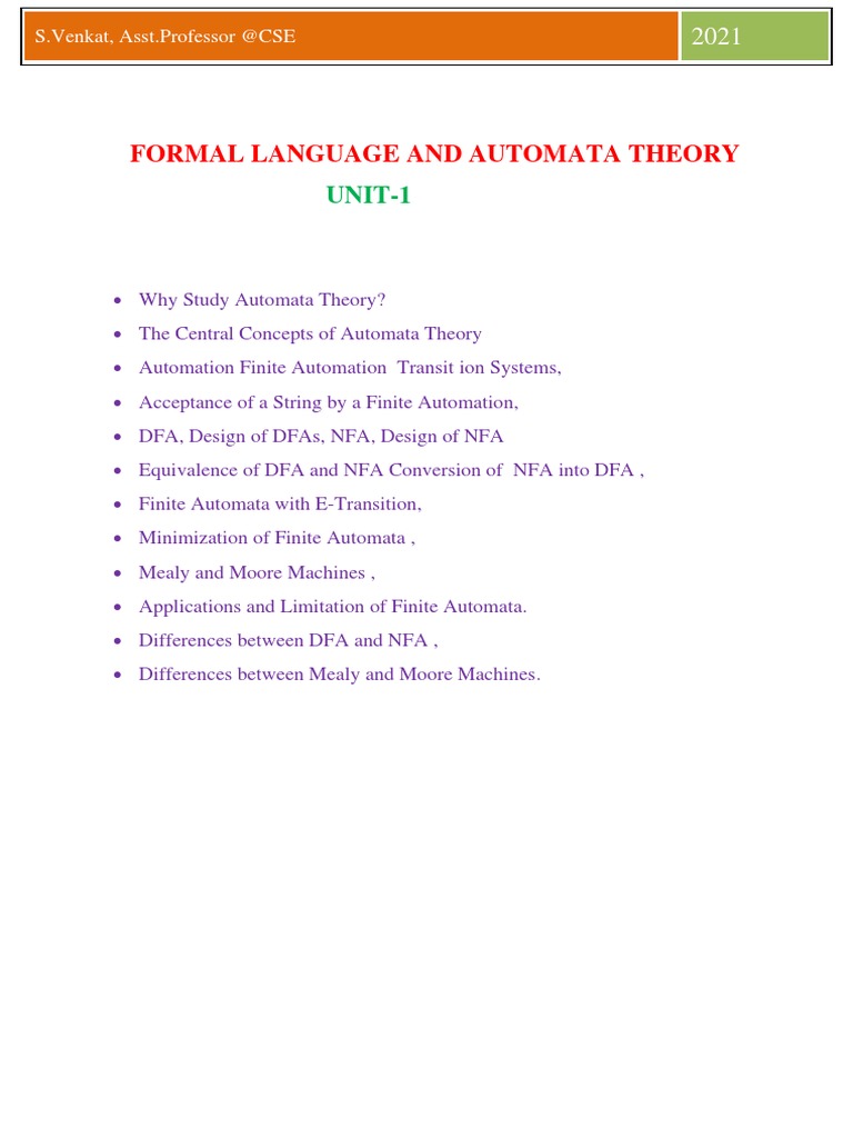 Formal Language and Automata Theory: UNIT-1 | Download Free PDF ...