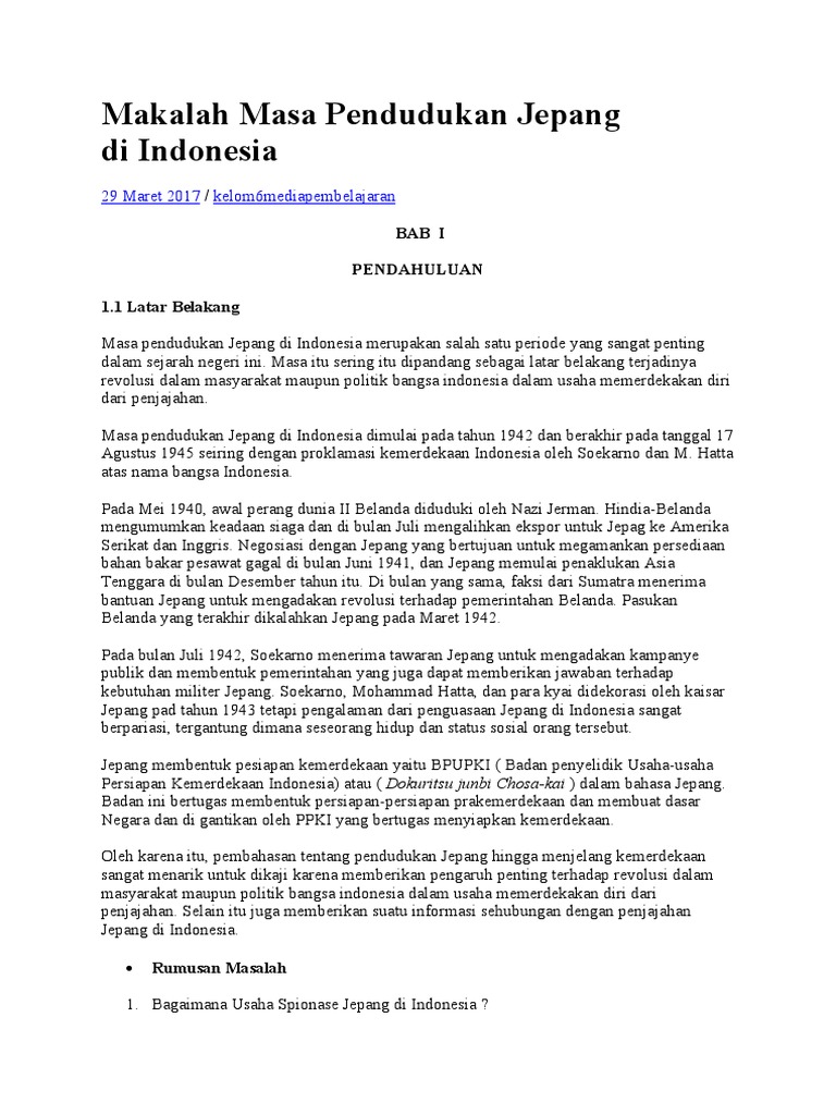 Makalah Masa Pendudukan Jepang Di | PDF