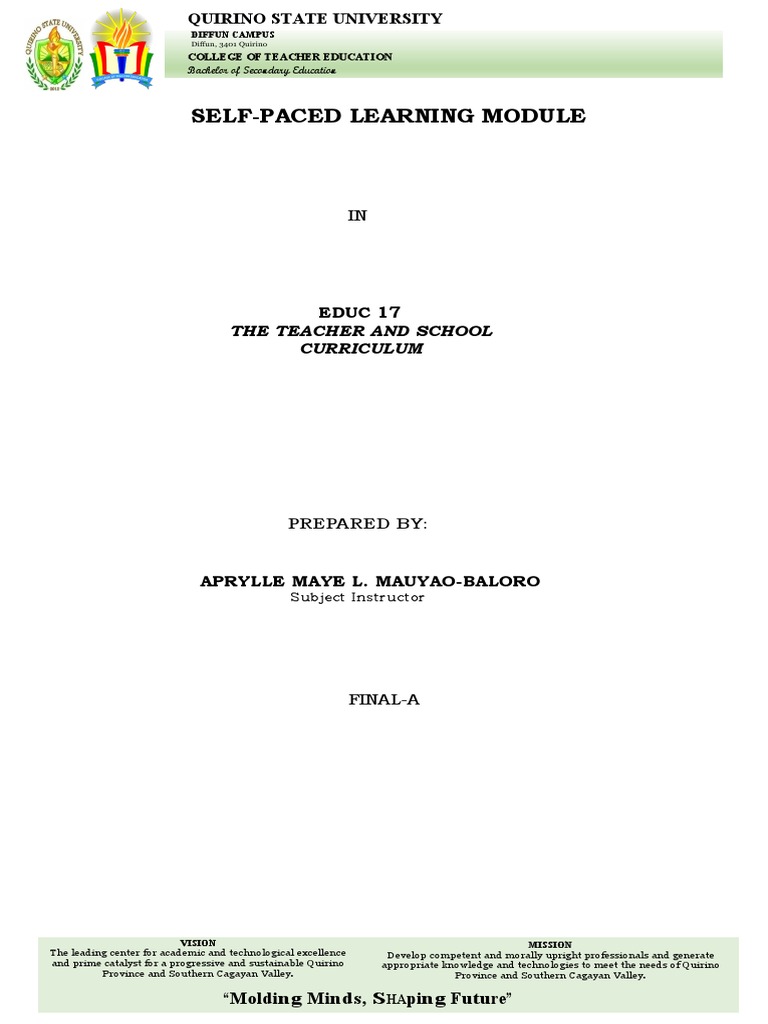 Self-Paced Learning Module: The Teacher and School Curriculum | PDF ...