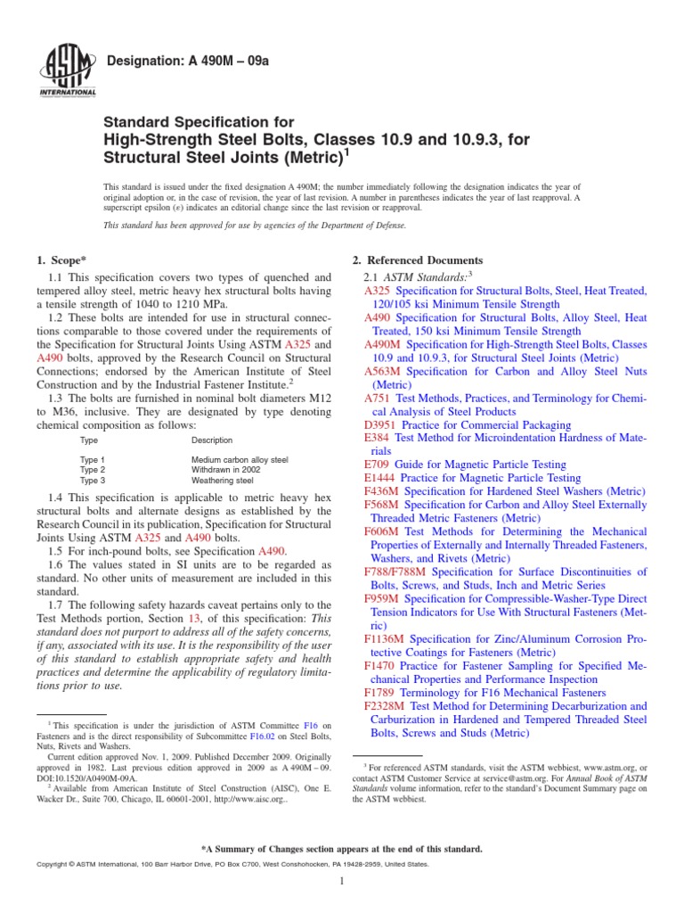 High-Strength Steel Bolts, Classes 10.9 and 10.9.3, For Structural ...