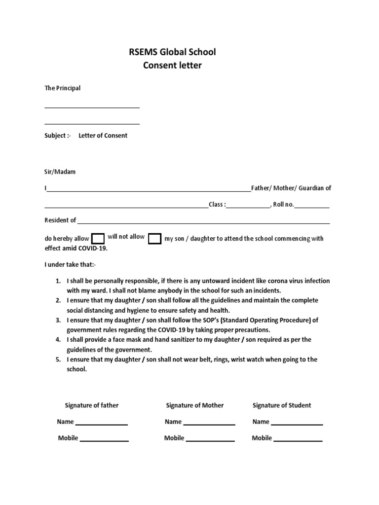 RSEMS Global School Consent Letter: The Principal | PDF