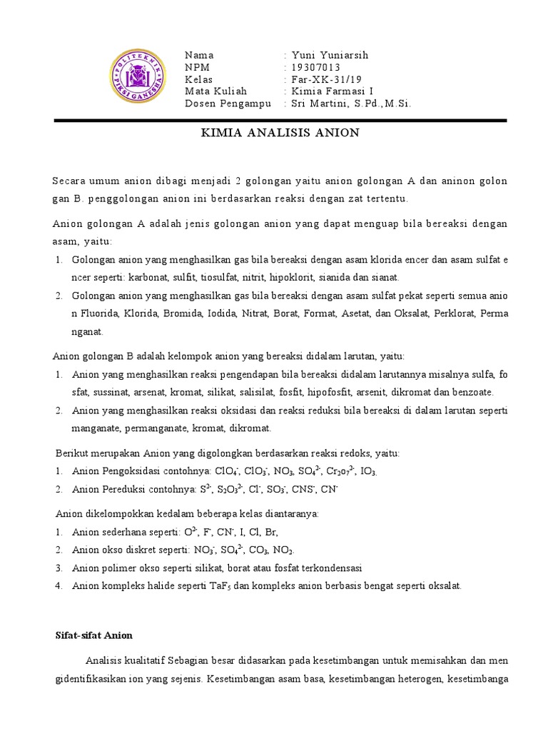 Klasifikasi dan Analisis Anion Kimia | PDF