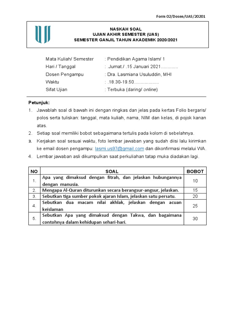 2021-01-05 SOAL UAS PAI (Ilmu Komunikasi Karyawan) | PDF