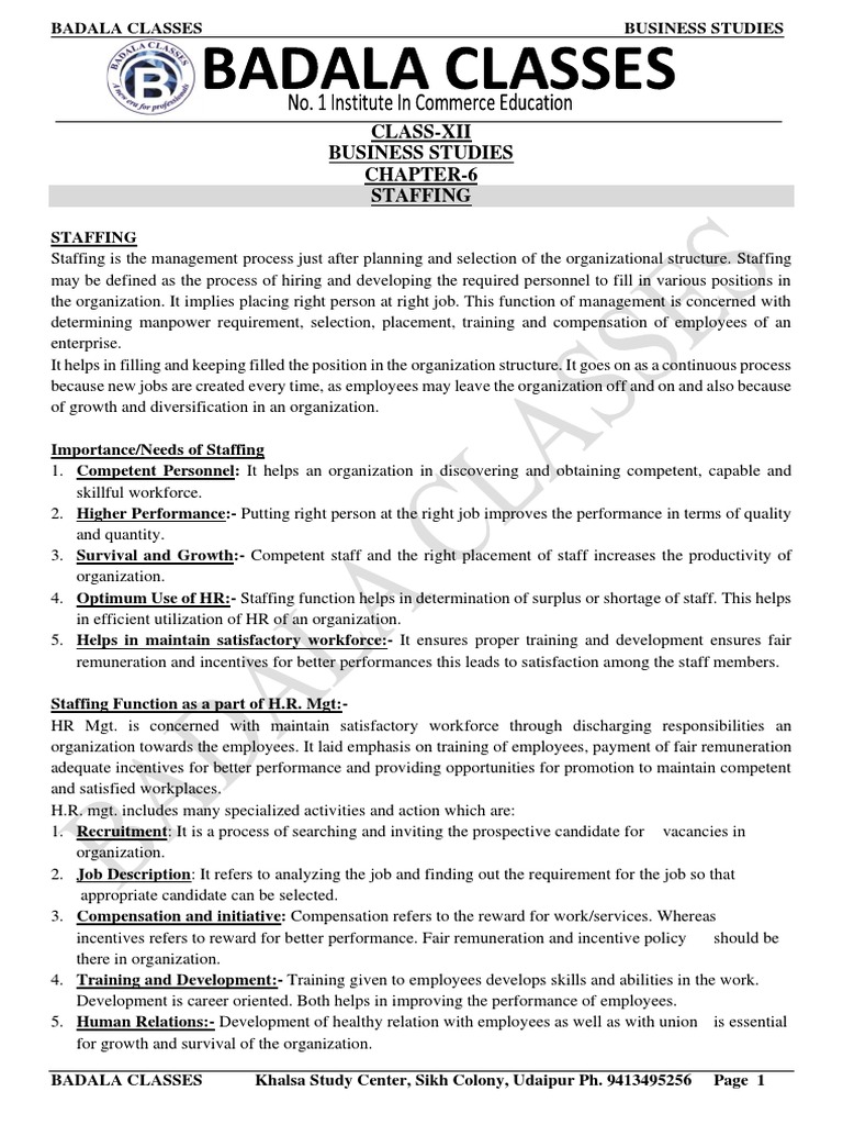 Class-Xii Business Studies Chapter-6 Staffing | PDF | Human Resources ...
