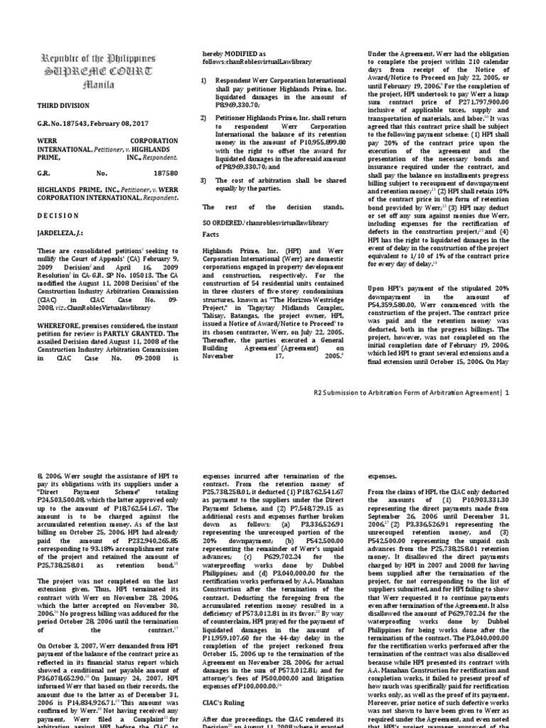 Werr Corp vs Highlands Prime Ruling | PDF | Liquidated Damages | Lawsuit
