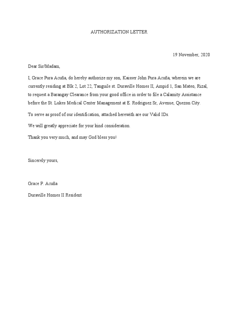 Authorization Letter Calamity | PDF