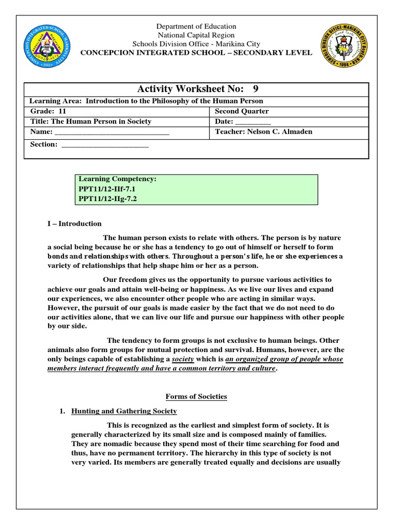 Activity Sheet 9. Intro To Philo | PDF | Society | Agriculture