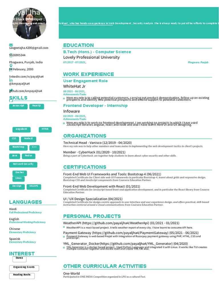 Payal Jha: Full Stack Developer CV | PDF | Bootstrap (Front End Framework) | Angular Js