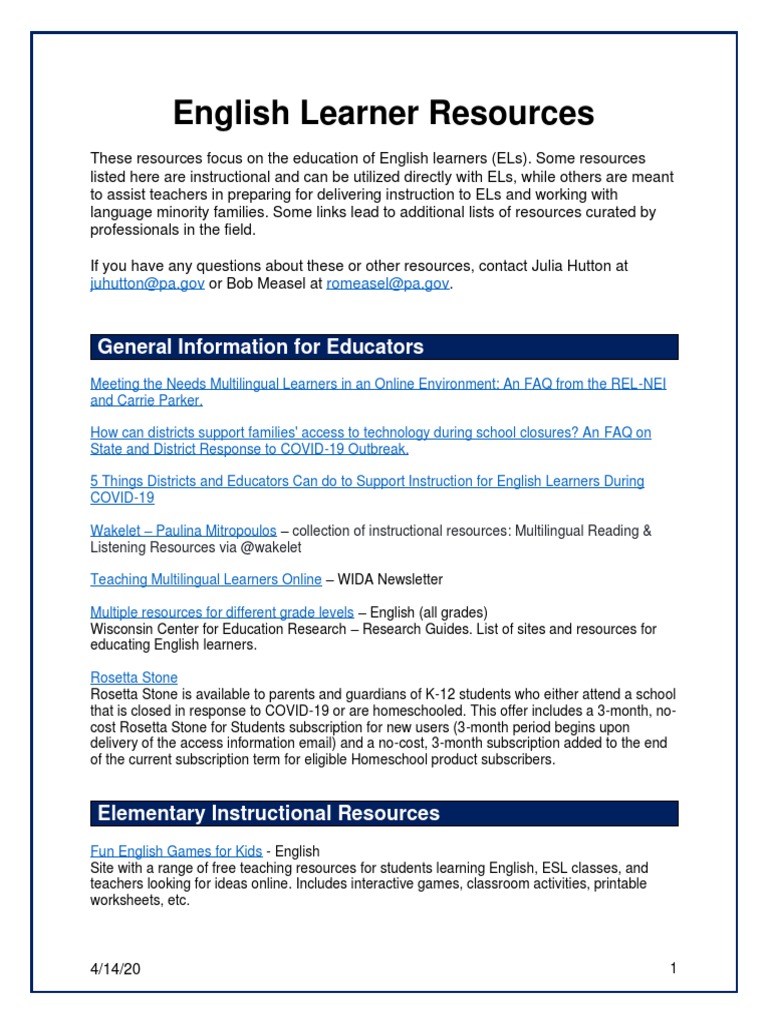English Learner Resources | PDF | English As A Second Or Foreign ...