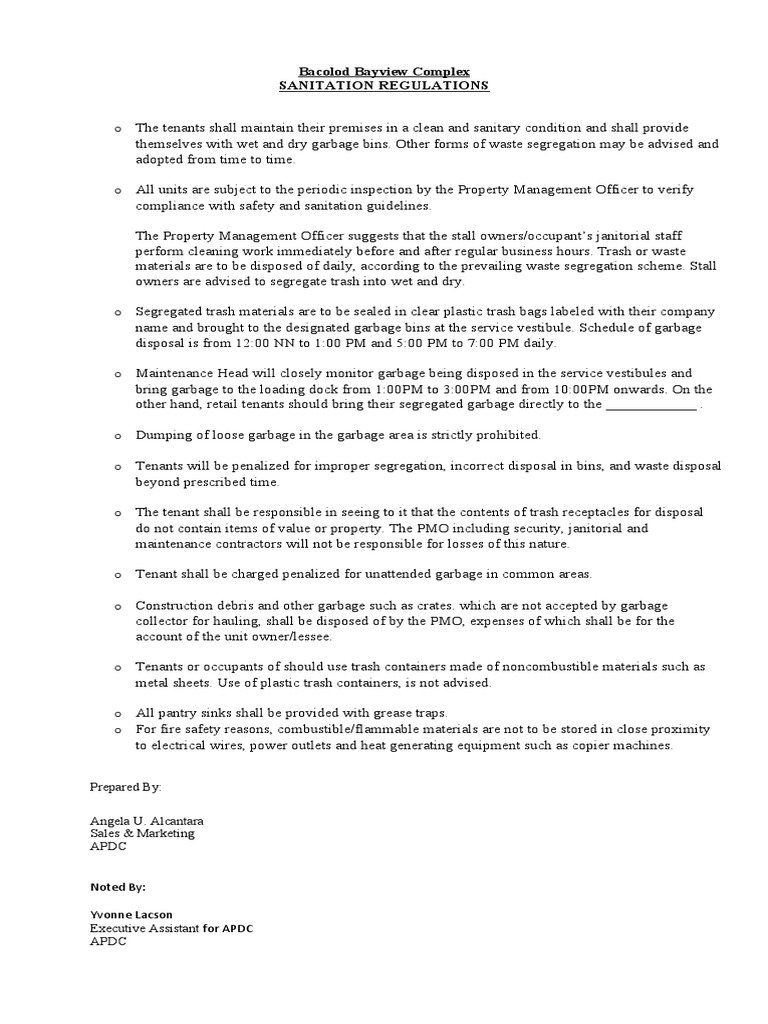 SANITATION & COMMON AREAS Policies | PDF | Waste Management | Lease