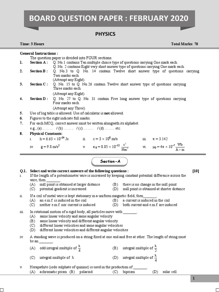 Physics March 2020 STD 12th Science HSC Maharashtra Board Question Paper | PDF | Wavelength ...