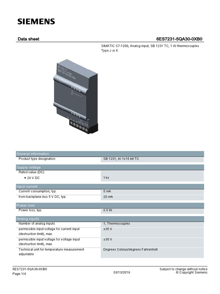 Data Sheet 6ES7231-5QA30-0XB0: General Information | PDF | Thermocouple ...