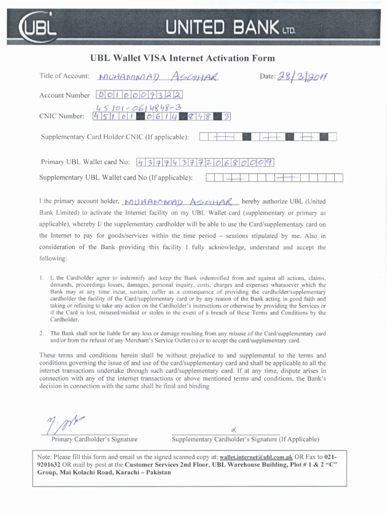 United Bank: UBL Wallet VISA Internet Activation Form | PDF | Credit ...