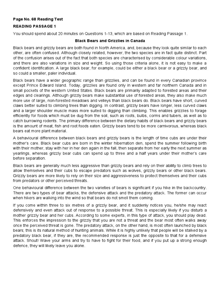 Page No. 68 Reading Test Reading Passage 1 | PDF | Grizzly Bear | Bears