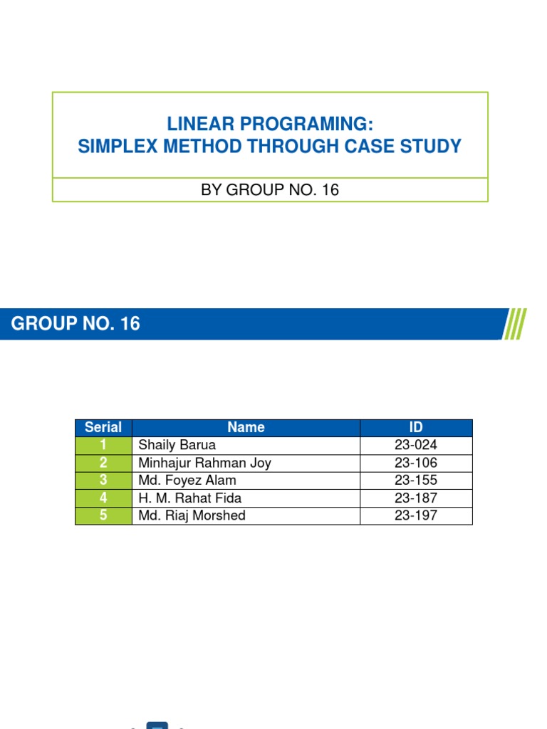 Linear Programing: Simplex Method Through Case Study: by Group No. 16 ... Linear Programing: Simplex Method Through Case Study: by Group No. 16 ...