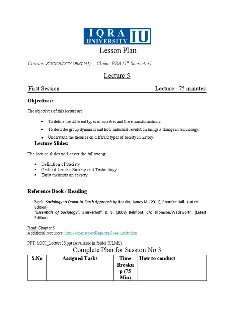 Sociology Lesson Plan Breakdown | PDF | Sociology | Lecture