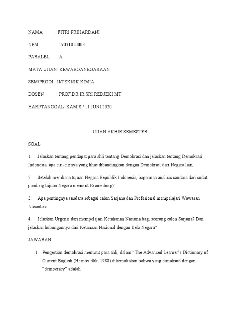 Fitri Prihardani - A - Teknik Kimia - Uas KWN | PDF