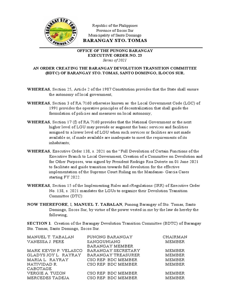 Barangay Sto. Tomas Devolution Order | PDF | Executive Order | Social Institutions