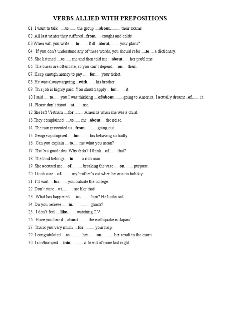 Verbs Allied With Prepositions Key | PDF | Games & Activities