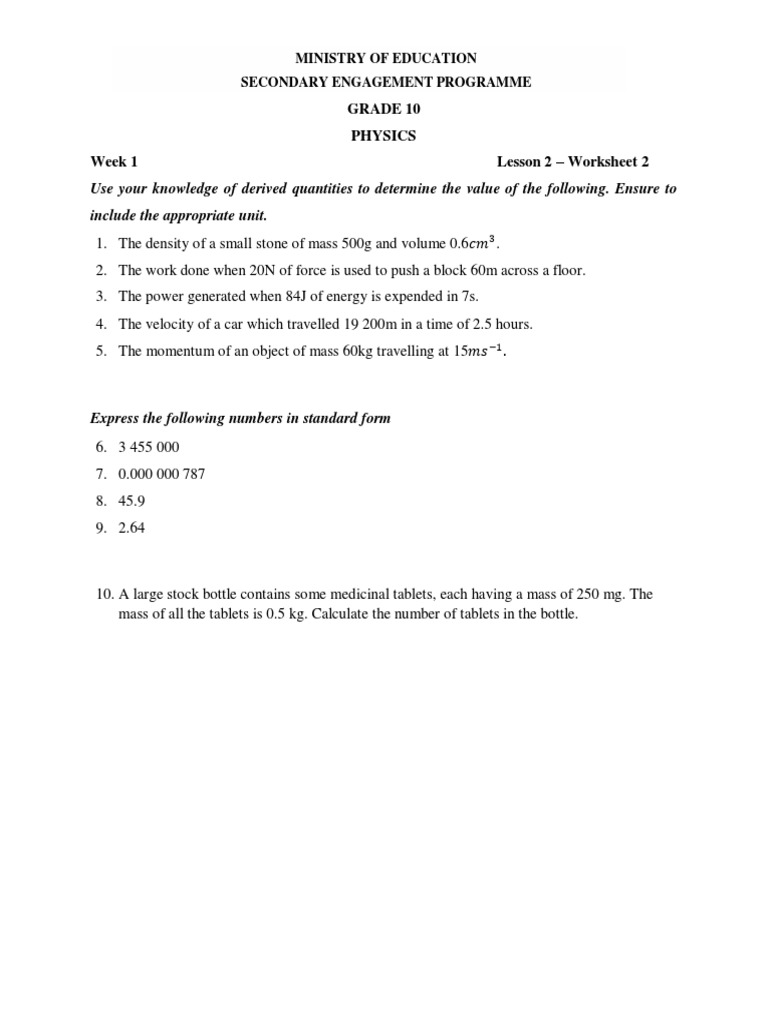 Grade 10 Physics Worksheets & Answers | PDF