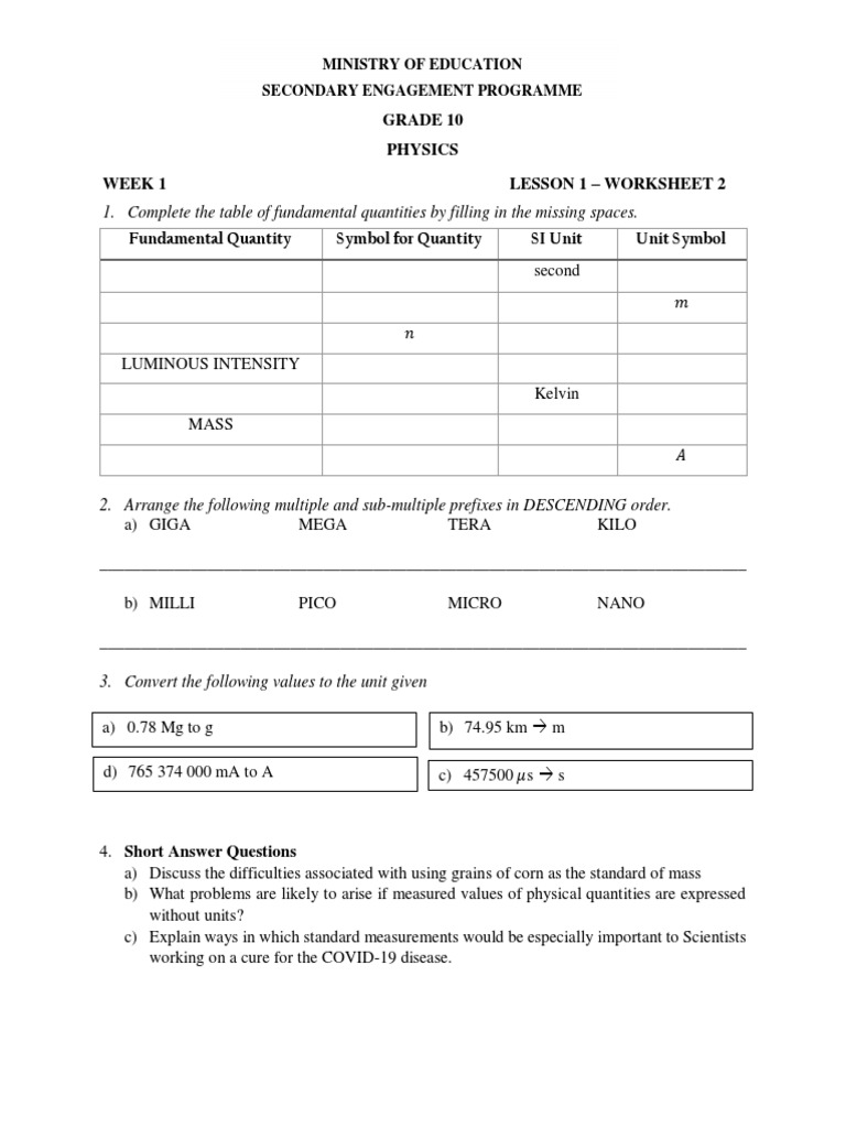 Grade 10 Physics Week 1 Lesson 1 Worksheet 2 and Answersheet | PDF ...