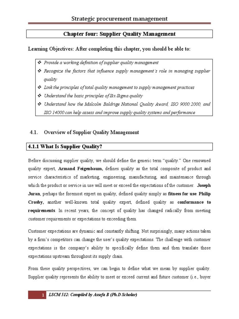 Strategic Procurement Management: Chapter Four: Supplier Quality ...