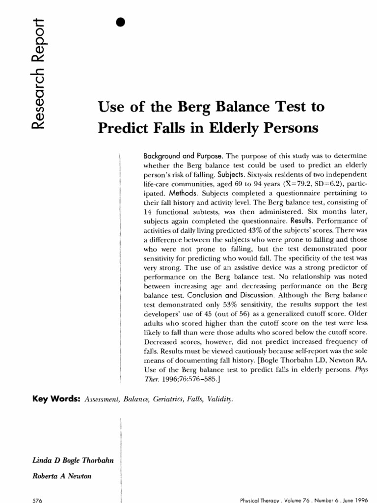 Berg Balance Test | PDF | Balance (Ability) | Sensitivity And Specificity