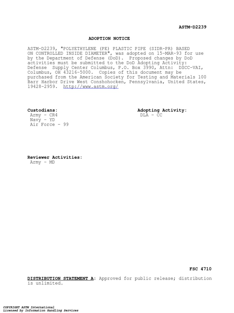 Astm D2239 (2001) | PDF | Pipe (Fluid Conveyance) | Density