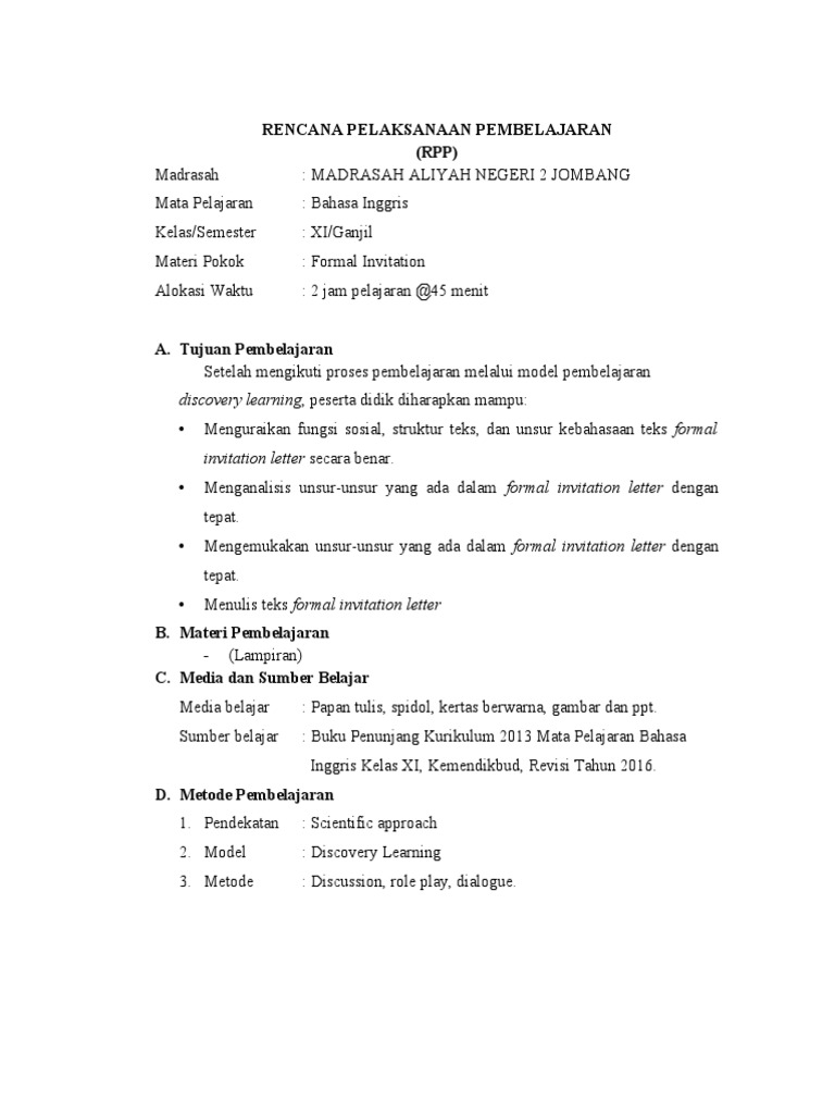 RPP Bahasa Inggris: Formal Invitation XI | PDF
