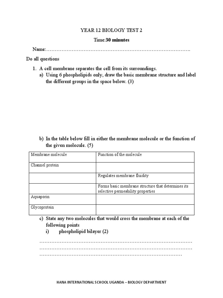 Year 12 Biology Test 2 Membrane Structure | PDF | Cell Membrane ...