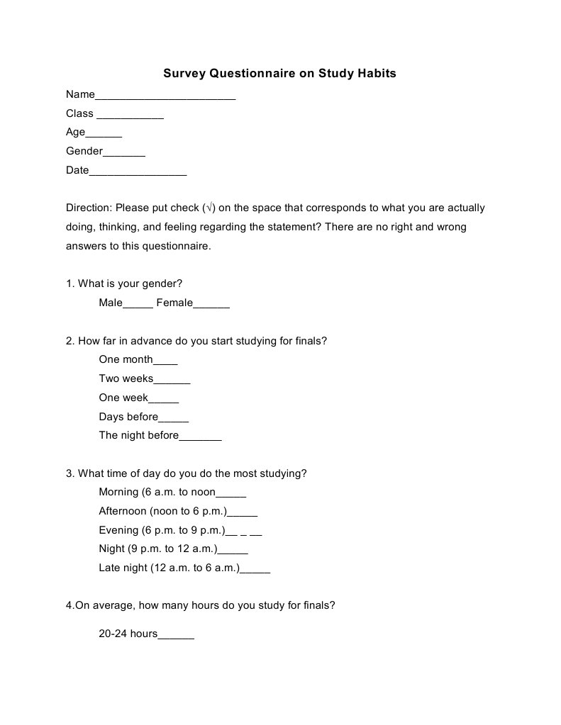 Survey Questionnaire On Study Habits | PDF