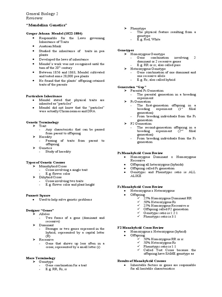 "Mendelian Genetics": General Biology 2 Reviewer | PDF | Dominance (Genetics) | Zygosity
