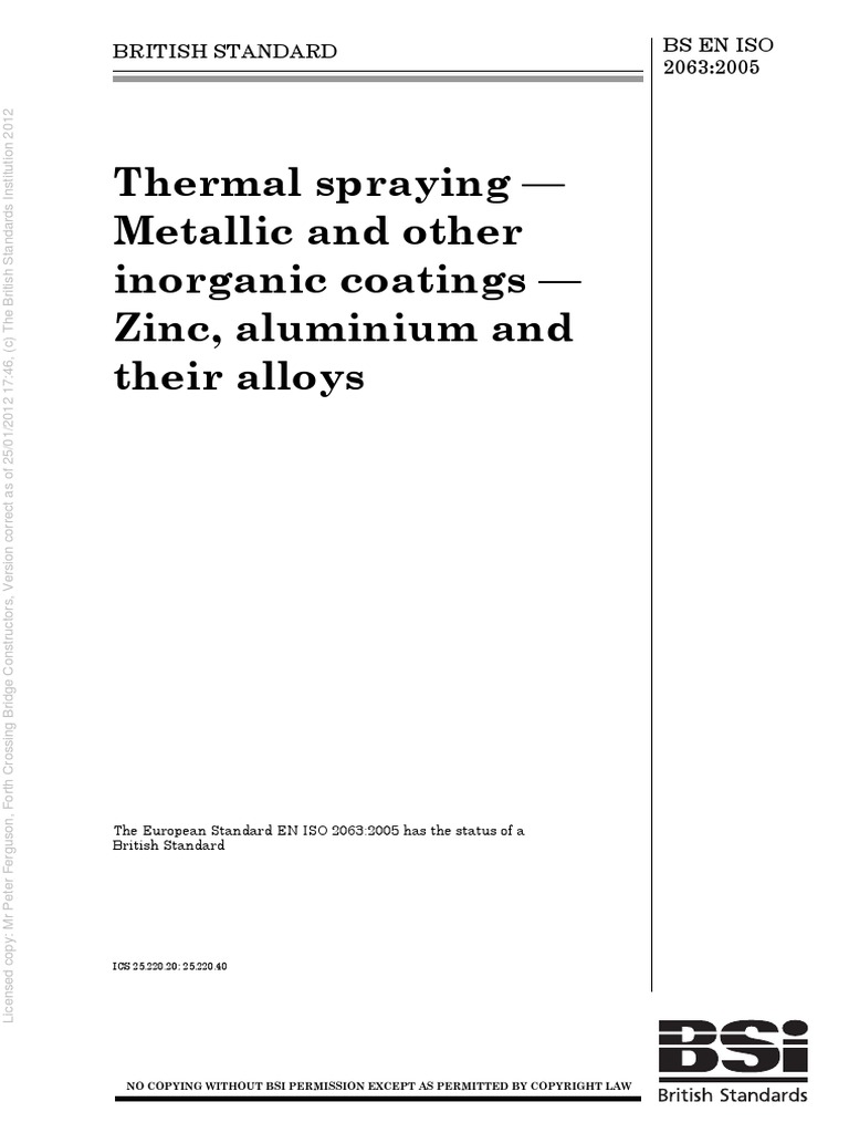 BS en ISO 2063-2005. Thermal Spraying. Metallic and Other Inorganic ...