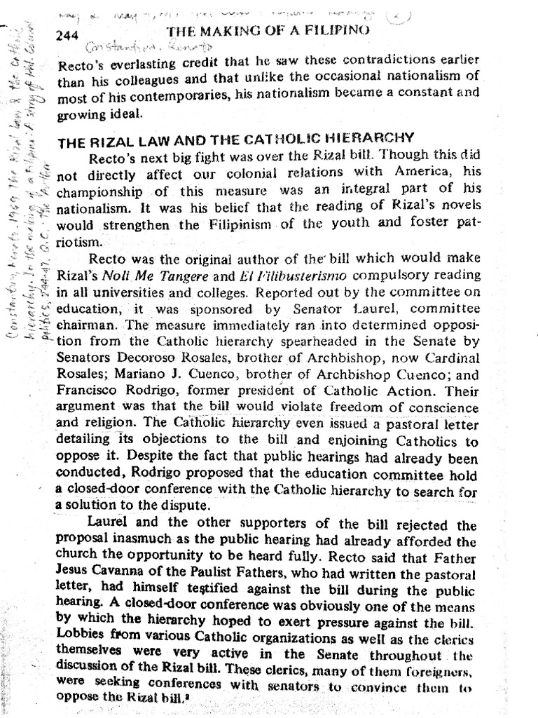 Constantino R.the Rizal Law& The Catholic Hierarchy | PDF