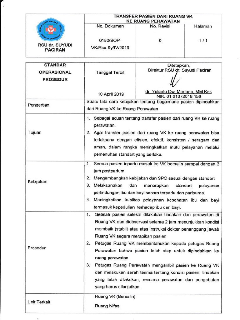 Sop Transfer Pasien Dari Ruang VK Ke Ruang Perawatan | PDF