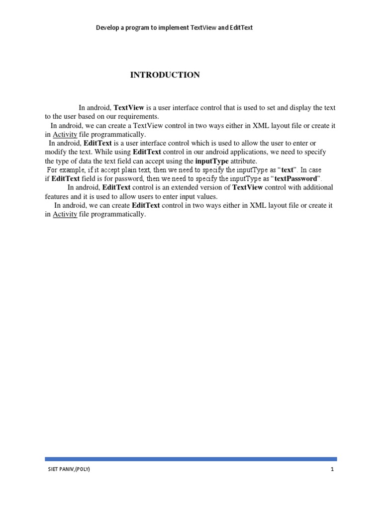 Develop A Program To Implement Textview and Edittext: Siet Paniv, (Poly) 1 | PDF | Android ...