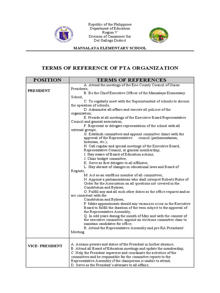 Terms of Reference of Pta Organization Position Terms of References ...