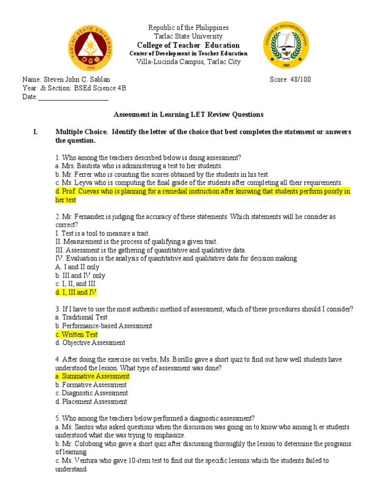 LET Reviewer Assessment in Learning | PDF | Educational Assessment ...