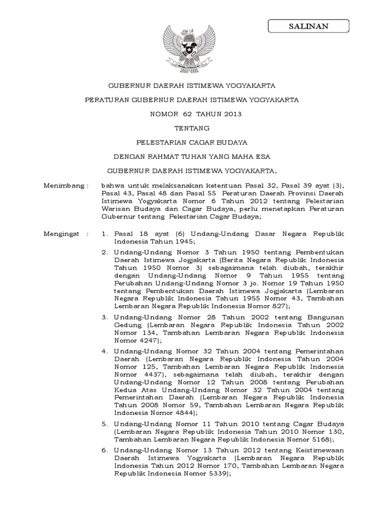 Pergub DIY No.62 Tahun 2013 TTG Pelestarian Cagar Budaya | PDF | Ilmu Sosial | Griya & Taman