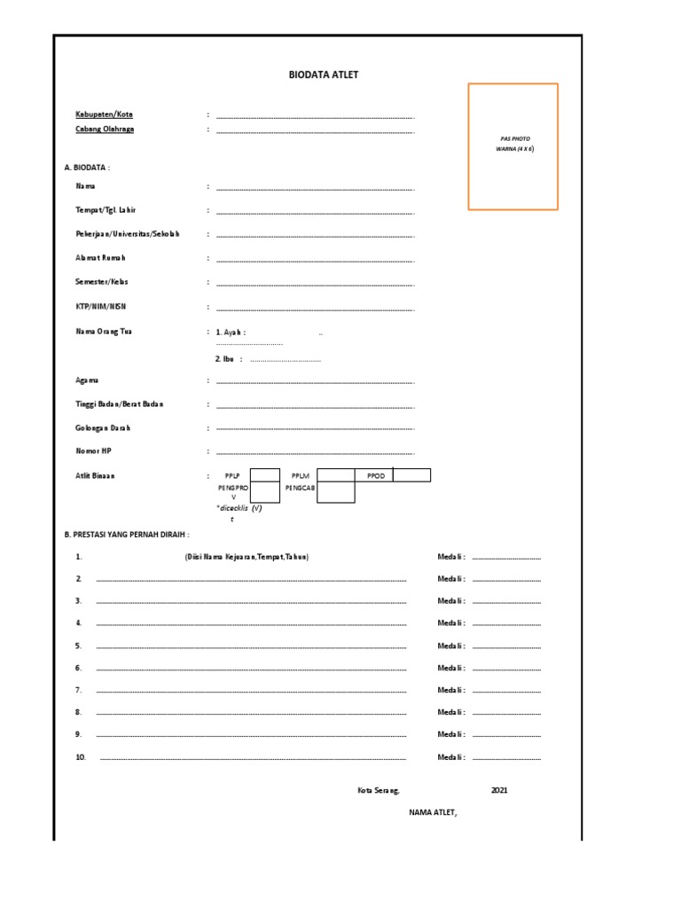 Biodata Atlet: Kabupaten/Kota Cabang Olahraga | PDF