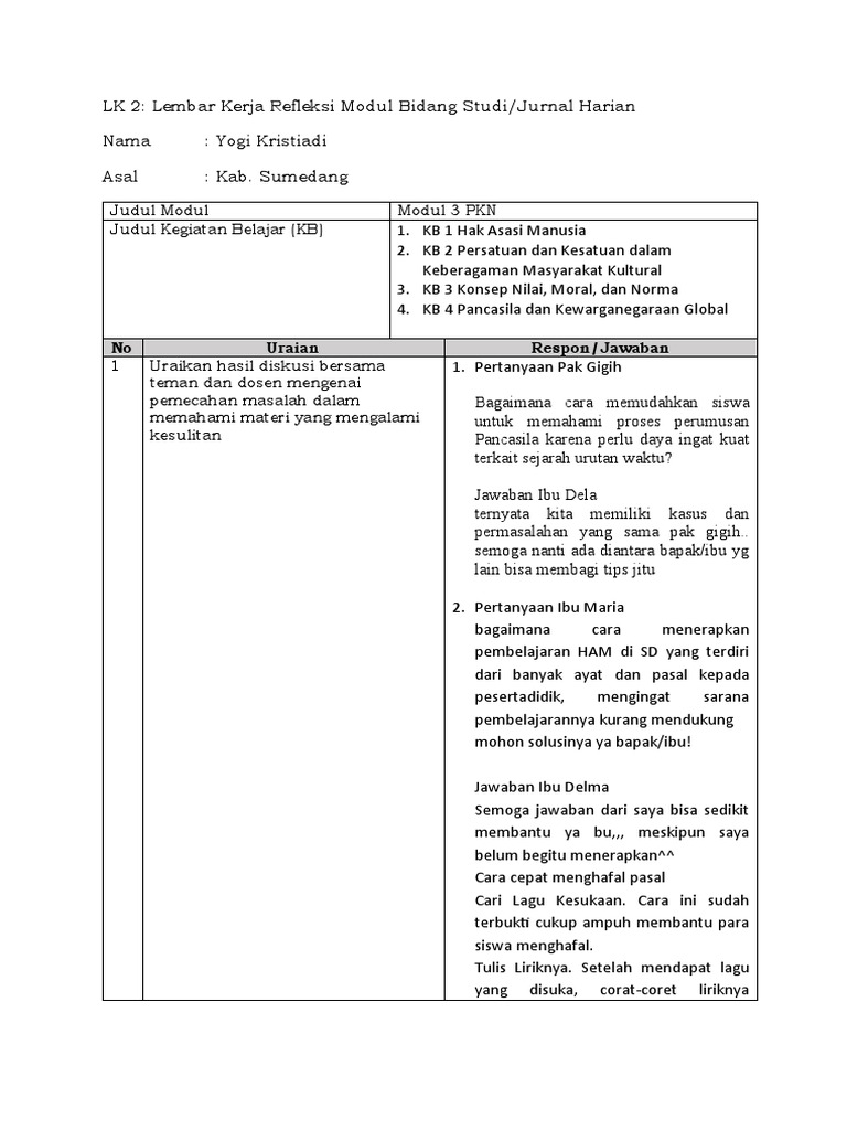 LK 2 - Lembar Kerja Refleksi Modul Bidang StudiJurnal Harian - Yogi Kristiadi | PDF