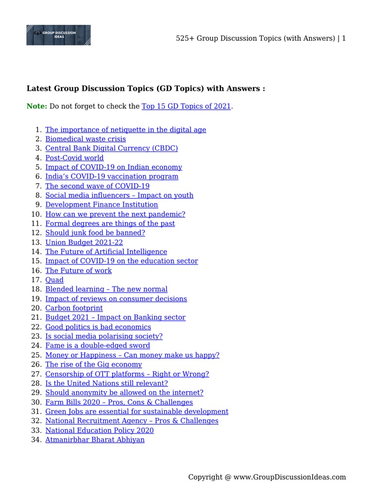 525+ Group Discussion Topics (With Answers) | PDF | Poverty | Poverty ...