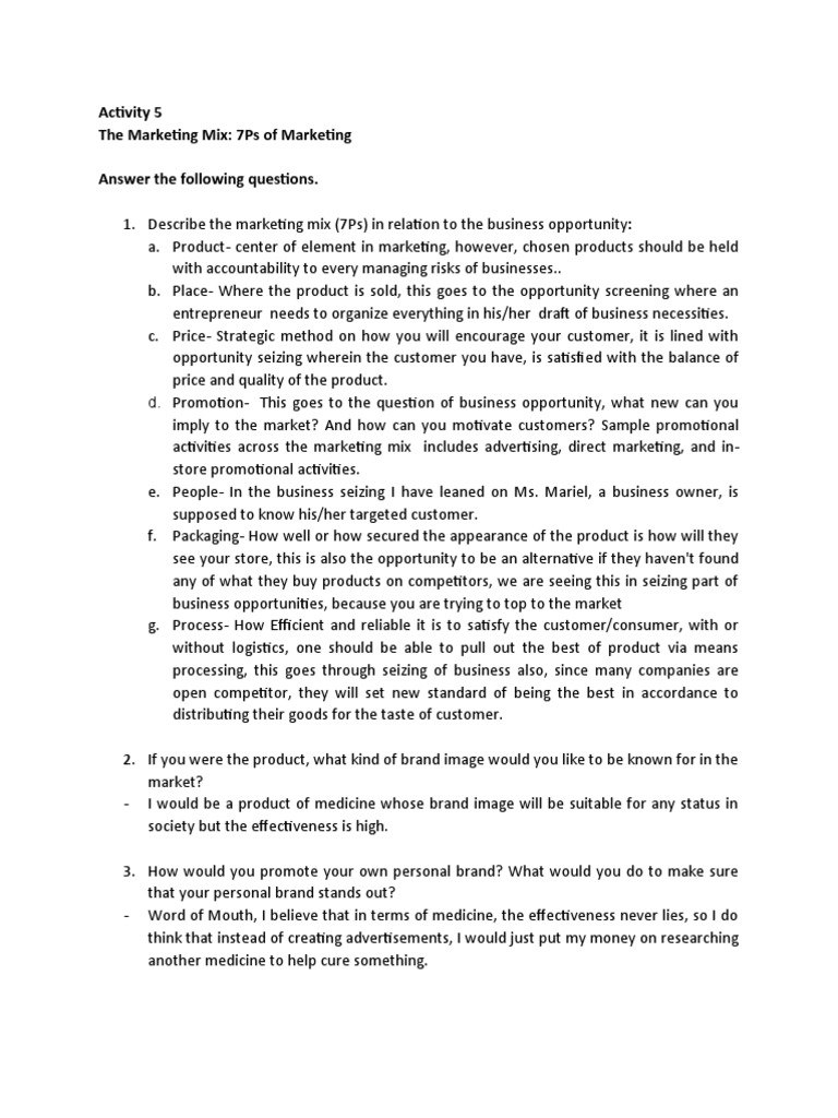 Activity 5 The Marketing Mix: 7Ps of Marketing Answer The Following ...